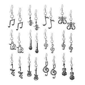WUWEIJIAJIA 12 Pairs Lightweight Handmade Vintage Silver Music Note Dangle Drop Earrings Sets Musical Instrument Guitar Violin Earrings for Women Music Lover (Silver)
