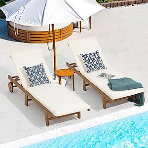 Patiorama Patio Acacia Wood Chaise Lounge Set of 2, Outdoor Folding Lounge Chair Recliner w/Adjustable Backrest, Wheels, Padded Cushion, Portable Sun Lounger Pool Chair for Deck, FSC Certified, Cream