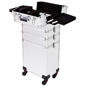 AROUS Rolling Makeup Train Case Large Storage Cosmetic Trolley 4 in 1 Large Capacity Trolley Makeup Travel Case with Key Swivel Wheels Salon Barber Case Traveling Cart Trunk, Silver