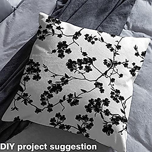 Cherry Blossom Fabric by The Yard, Japanese Style Upholstery Fabric for Chairs Sofa, Sakura Floral Themed Waterproof Fabric, Abstract Flower Material by The Yard, Black White, 10 Yards
