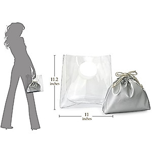 HOXIS Minimalist Clear Handbag Women's Clutch with Pu Leather Drawstring Pouch (Silver) Medium