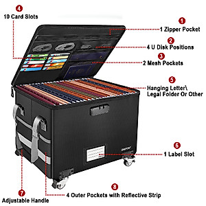 ENGPOW Fireproof Document Box with Wheels, Collapsible File Box with Lock, Rolling File Storage Organizer Filing Cabinet with Pockets, Portable Home Office Safe for Hanging Letter/Legal Folder