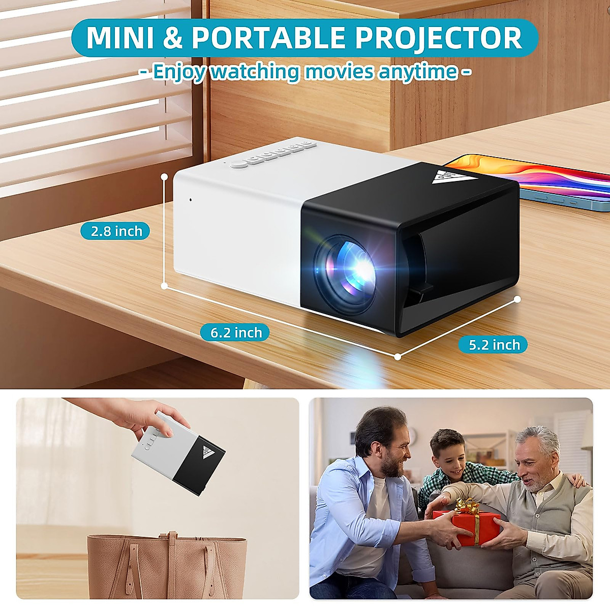Mini Projector, iTJQ Portable Projector 1080p Supported, Phone Projector Compatible with iOS/ Android Smartphone/ Laptop/ PS4, Movie Projector with HDMI/ USB Interfaces for Home Theater