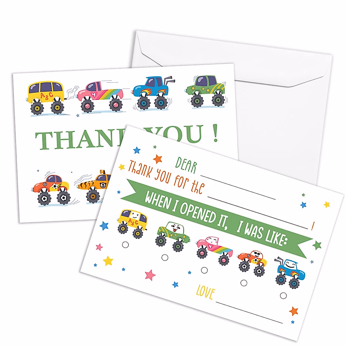 QOFO Car Truck Fill in the Blank Thank You Cards,Thank You Notes,Gender Neutral Thank You Cards,For Boys Girls Birthday Party,Event,or Holiday Use,Thank You Notes with Envelopes Set of 25-GXK09