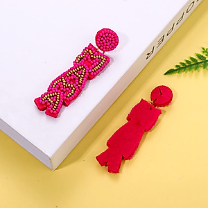 Boderier Mother's Day Beaded Earrings Long Rhinestone MAMA Beaded Drop Earrings Mother's Gift (Hot Pink)