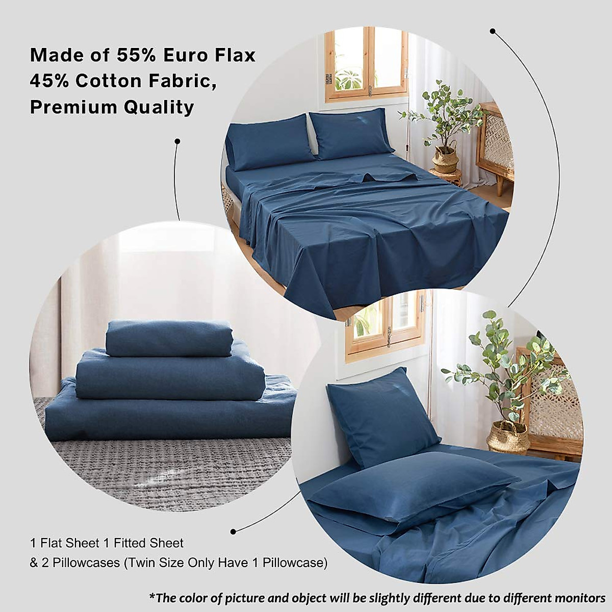 Simple&Opulence Belgian Linen Sheet Set Solid Color - 4 Pieces (1 Flat Sheet, 1 Fitted Sheet & 2 Pillowcases) Natural Flax Cotton Blend Soft Breathable Farmhouse Bedding - Queen Size, Classic Blue