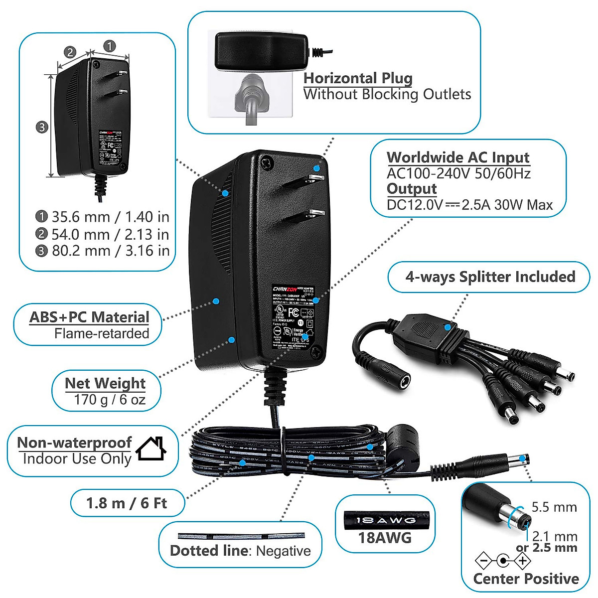 Chanzon 12V 2.5A 30W Power Supply AC DC Switching Adapter, 12 Volt 2.5 Amp AC/DC Wall Wart Converter Transformer, 100-240v 50 60HZ Input with 12vdc 2500ma Output