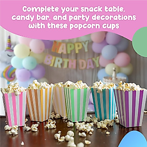 Chloe Elizabeth Mini Popcorn & Candy Favor Treat Boxes For Birthday, Bridal and Baby Shower - Assorted Striped Design - 36 Count (Rainbow Pastel Mix)
