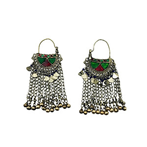 Red and Green Oversized Bells Chaandbaliyaan, Massive Kuchi Boho Earrings With Long Bells, Traditional Afghani Earrings, Vintage Jewelry