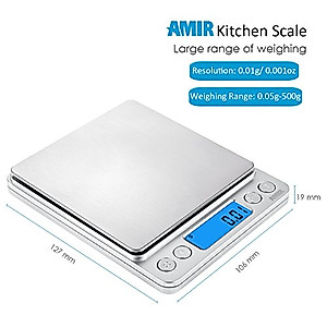 (Upgraded) AMIR Digital Kitchen Scale, 500g Mini Pocket Jewelry Scale, Cooking Food Scale, Back-Lit LCD Display, 2 Trays, 6 Units, Auto Off, Tare, PCS, Stainless Steel (Batteries Included)