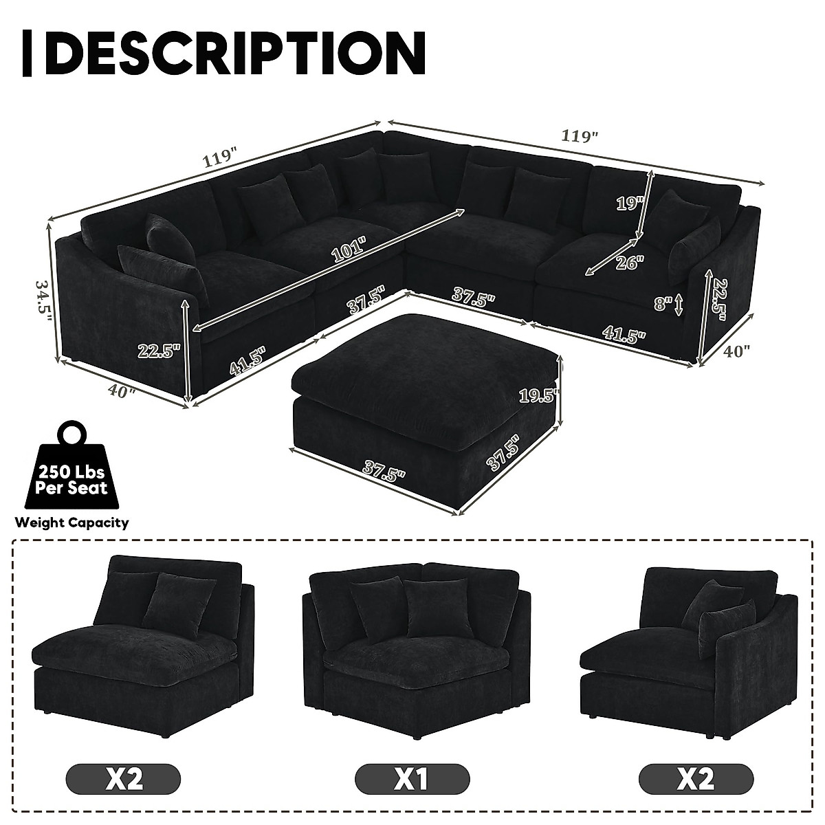 Yoglad Modern Oversized Modular Sectional Sofa Set with Down Feathers, L-Shaped Chenille Upholstered Couch with Ottoman and 10 Pillows for Living Room or Apartment (Black)
