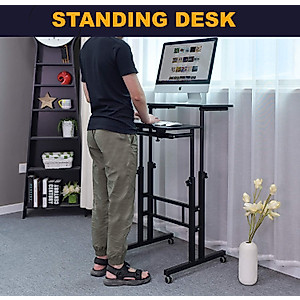 AIZ Mobile Standing Desk, Adjustable Computer Desk Rolling Laptop Cart on Wheels Home Office Computer Workstation, Portable Laptop Stand for Small Spaces Tall Table for Standing or Sitting, Black