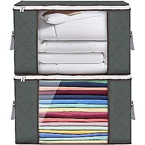 ZB.soar Clothing Storage Bags,Thickened Storage Bags for Bedroom with Reinforced Handle Thick Fabric for Comforters, Blankets, Bedding, Foldable with Sturdy Zipper, Clear Window, (2 Pcs, 90L, Gray)