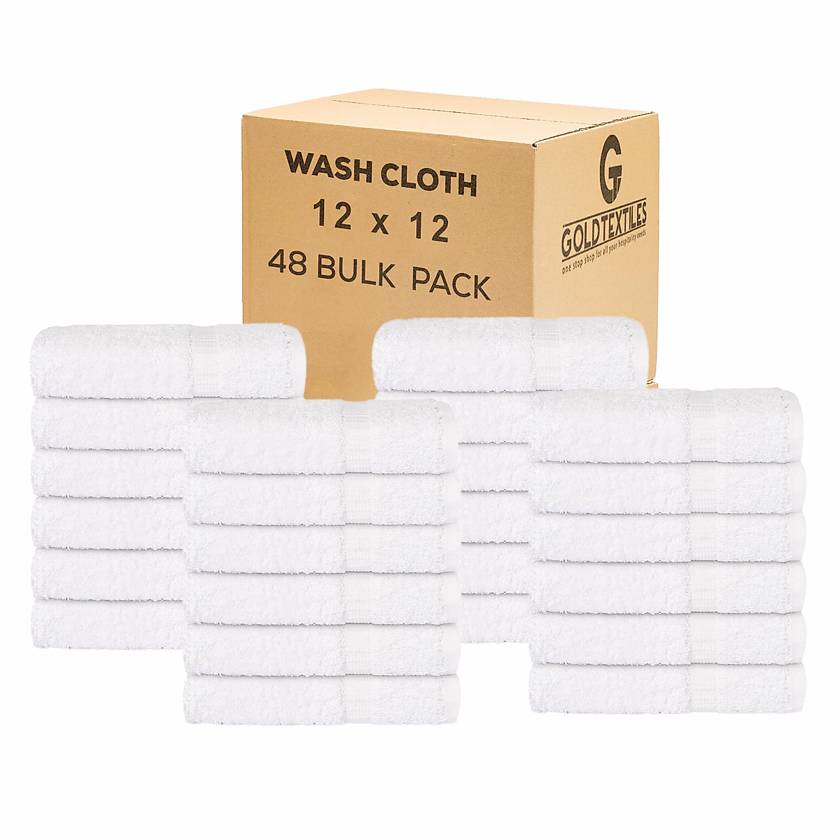 GOLD TEXTILES Premium Washcloths Towel Set (48 Pack, White, 12x12 Inches) Multi-Purpose Soft, Machine Washable Sports & Workout Towels (Pack of 48-12x12)