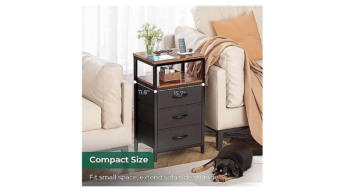 Huuger Nightstand with Charging Station - Rustic Brown Style