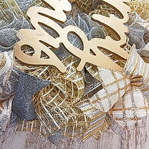 Silver Gold Ivory Christmas Wreath - Traditional Mesh Holiday Door Decor - Gold Ivory Cream TB7