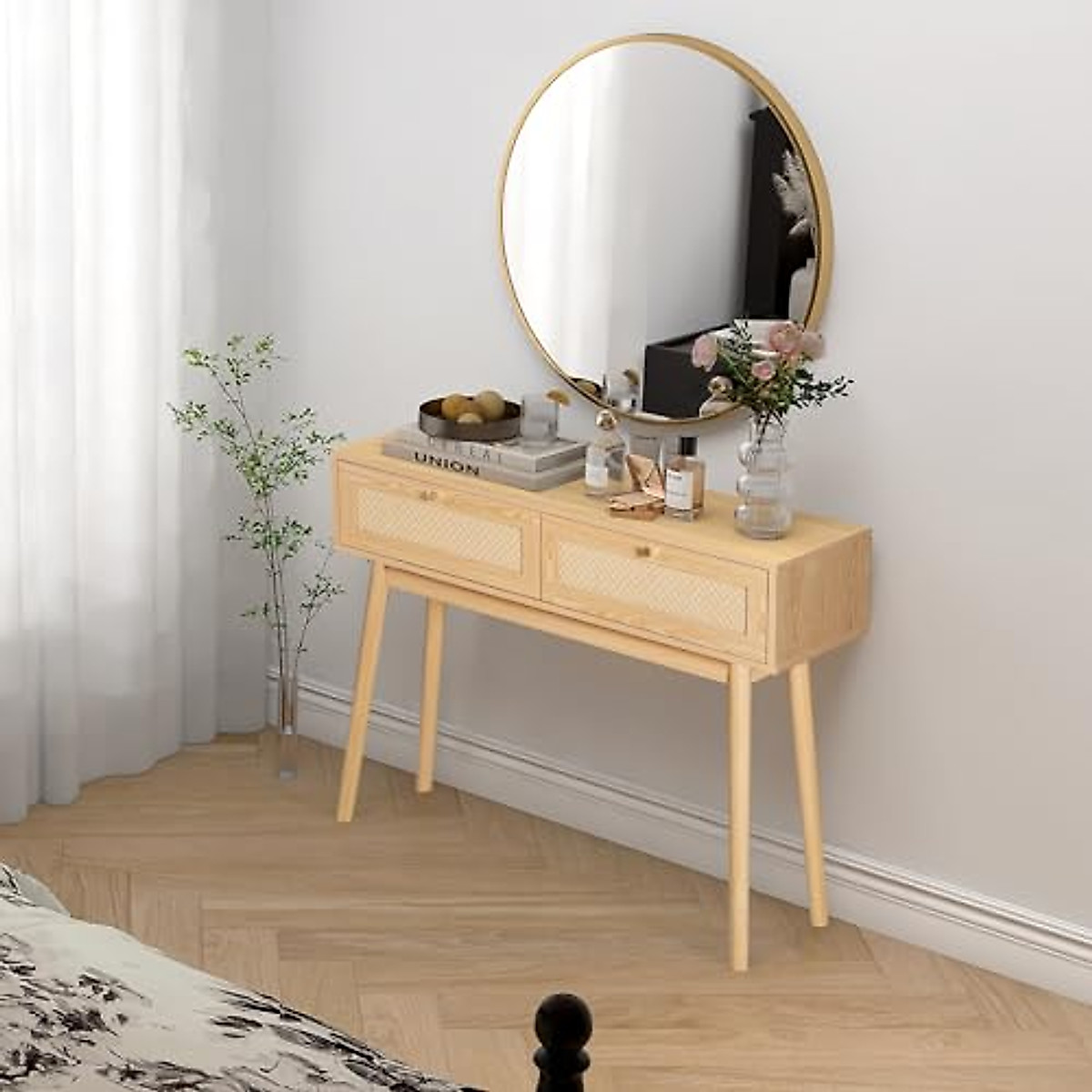 TYBOATLE Kraft Woven Rattan Console Table with 2 Drawers, Narrow Wood Entry Way Table, Modern & Boho Accent Sofa Bar Table for Entryway, Foyer, Front Hall, Hallway, Living Room (Natural Ash)