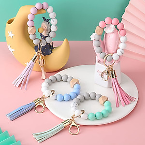 Otuuz 4 Pcs Women Macaron Color Key Ring Bracelets Wristlet Bead Keychain Leather Tassel Keychain Elastic Beaded Bracelet Portable Wristlet Bangle Keychain for Car Key Holder