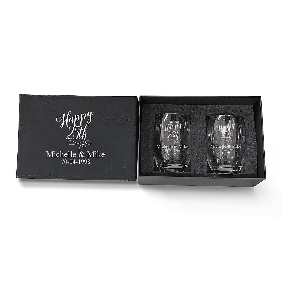 Krezy Case 25th Anniversary Couple wine glasses,20oz Etched Stemless Wine Glasses for Couples, Perfect Engagement Wine Glasses,Bridal shower Wine Glasses, Anniversary Wine Glasses