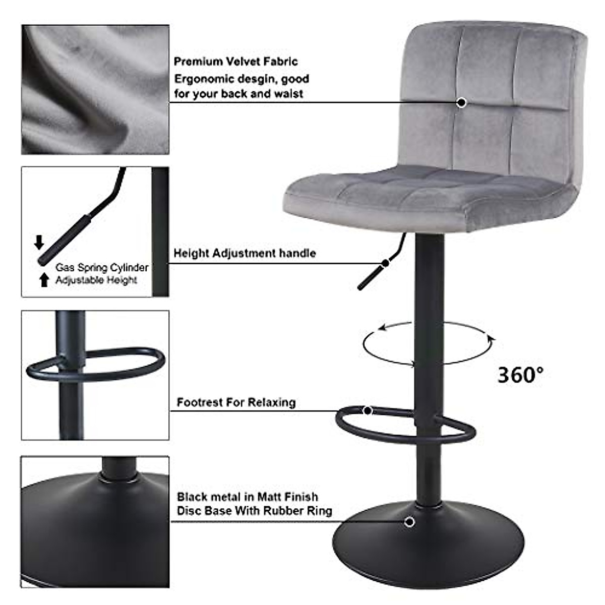 DUHOME Set of 2 Adjustable Swivel Velvet Bar Stool Chairs Counter Stools, Breakfast Chairs Grey