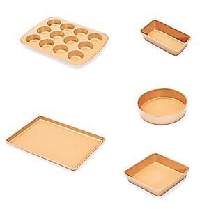 Amazon Basics Ceramic Nonstick Baking Sheets and Pans Bakeware Set, 5-Piece Set- Copper Color
