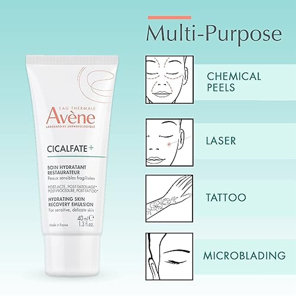 Eau Thermale Avène Cicalfate+ Hydrating Skin Recovery Emulsion - Post-Procedure & Post-Tattoo Restoration - Postbiotic Skincare - Non-Comedogenic & Paraben-Free - 1.3 fl. oz.