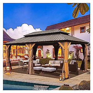 12'x20' Hardtop Gazebo, Galvanized Steel Patio Double Roof Aluminum Gazebo with Curtains and Netting, Metal Permanent Pavilion Outdoor Gazebos for Porch Party, Garden, Grill Gazebo
