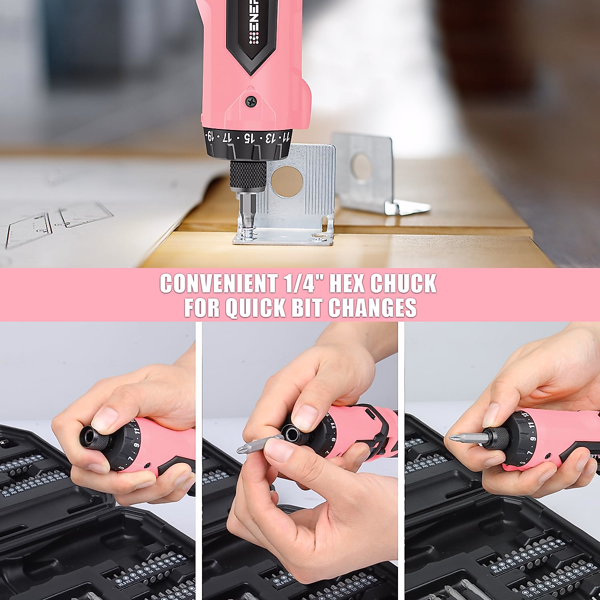 Enertwist Electric Screwdriver, 8V Max 10Nm Pink Cordless Screwdriver Rechargeable Set with 9 Accessory Kit, 21+1 Cluth, Dual Position Handle, LED Light
