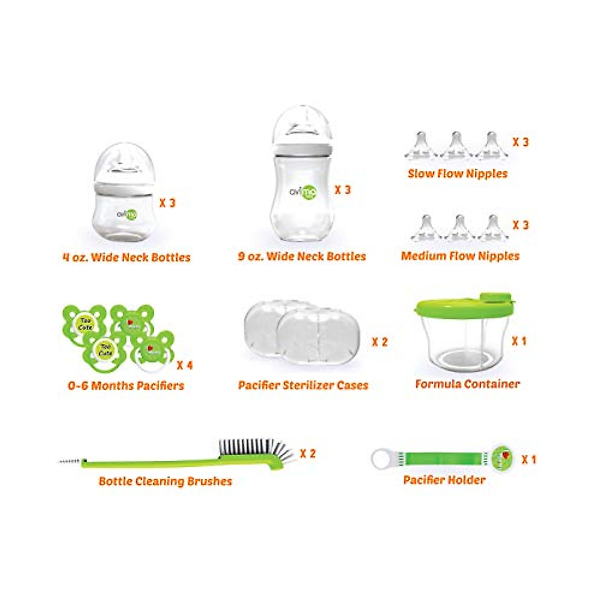 Avima Newborn Baby Bottle Starter Set. Anti-Colic Wide Neck Bottles with Slow and Medium Flow Nipples. 22 Piece Set