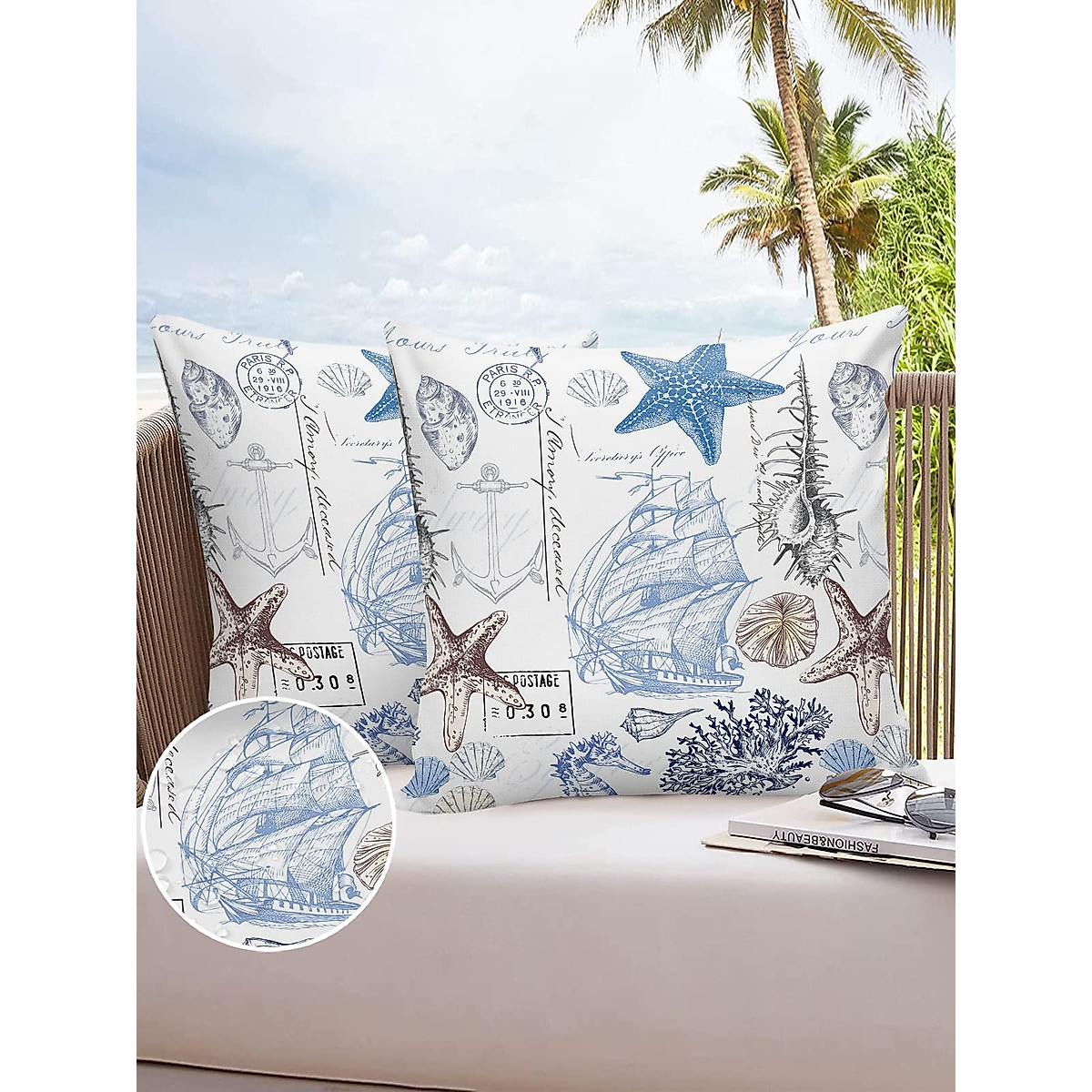 Outdoor Waterproof Pillow Covers Set of 2, Nautical Theme Marine Sail Boat Beach Starfish Shell Seashell Patio Throw Pillow Covers, Decorative Cushion Case for Couch Sofa Furniture Garden, 20x20 Inch