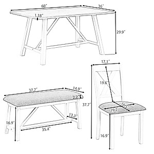 6 Piece Dining Table Set, Wood Dining Dinette Table and 4 Chairs with 1 Bench with Cushion, Rustic Style Kitchen Table Set for 6 Persons, White with Gray