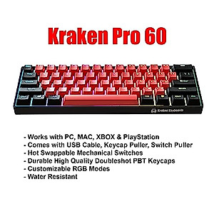 KRAKEN KEYBOARDS BRED Edition Kraken Pro 60 | Black & Red 60% HOT SWAPPABLE Mechanical Gaming Keyboard for Gaming On PC, MAC, Xbox and Playstation (BRED | Silver Switches)