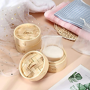 Lyellfe 3 Pack Bamboo Bar Holder, Natural Soap Dishes with Lid Foaming Net, Round Handmade Shampoo Soap Tray Saver Box, Mini Snack Steamer Container for Travel, Bathroom, Shower