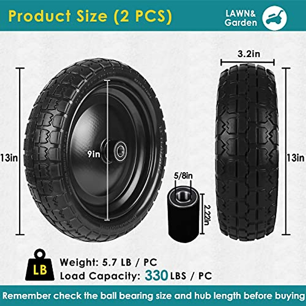 13" Solid Flat Free Tires and Wheels 2 Pcs, 3.50-9 Rubber Tire Replacement Axle Bore Hole, Air less Wheel for Hand Truck/Trolley/Garden Cart/Lawn Mower/Wheelbarrow, 2Packs, Black