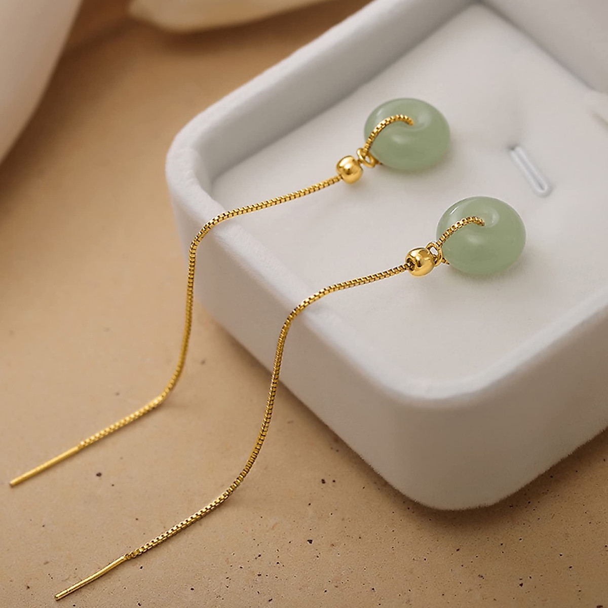 B&D Labor Day Gifts for Wife Mom 14K Gold Filled Hetian Jade Dangling Earrings Handmade Natural Bead Drop Earrings Green Long Wire Bridal Jade Jewelry Birthday Gift for Women (Green)