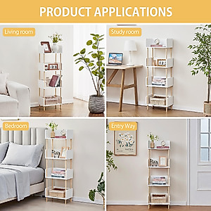 SUNTAGE White Wooden Open Bookcase, Modern Freestanding Bookshelf w/Side Panels, Edge Protection & Solid Wood Frame, Wood Storage Shelves Display Stand for Bedroom, Living Room & Home Office (4 Tier)