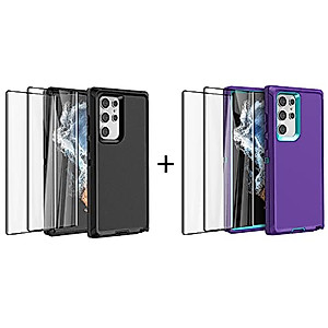 AICase Bundle for Galaxy S22 Ultra Case with Screen Protector (Bundle of Purple/Pool Blue Case+Black Case)