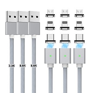 Magnetic Charging Cable 3A Fast Charging(3 Pack,3.3/6.6/6.6ft) 3 in 1 Magnetic Phone Charger with LED Light, Nylon Braided, for Lightning/USB-C/Micro-USB Device