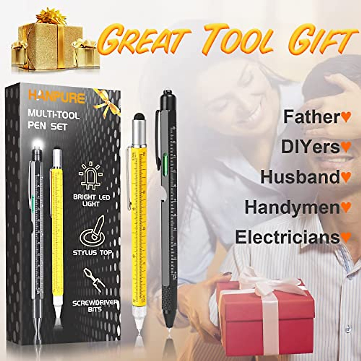 HANPURE Tool Gifts for Men Stocking Stuffers Multi Tool Pen and LED Flashlight Gloves Cool Gadgets Set for Dad Birthday Women Christmas Unique Pocket Multitool