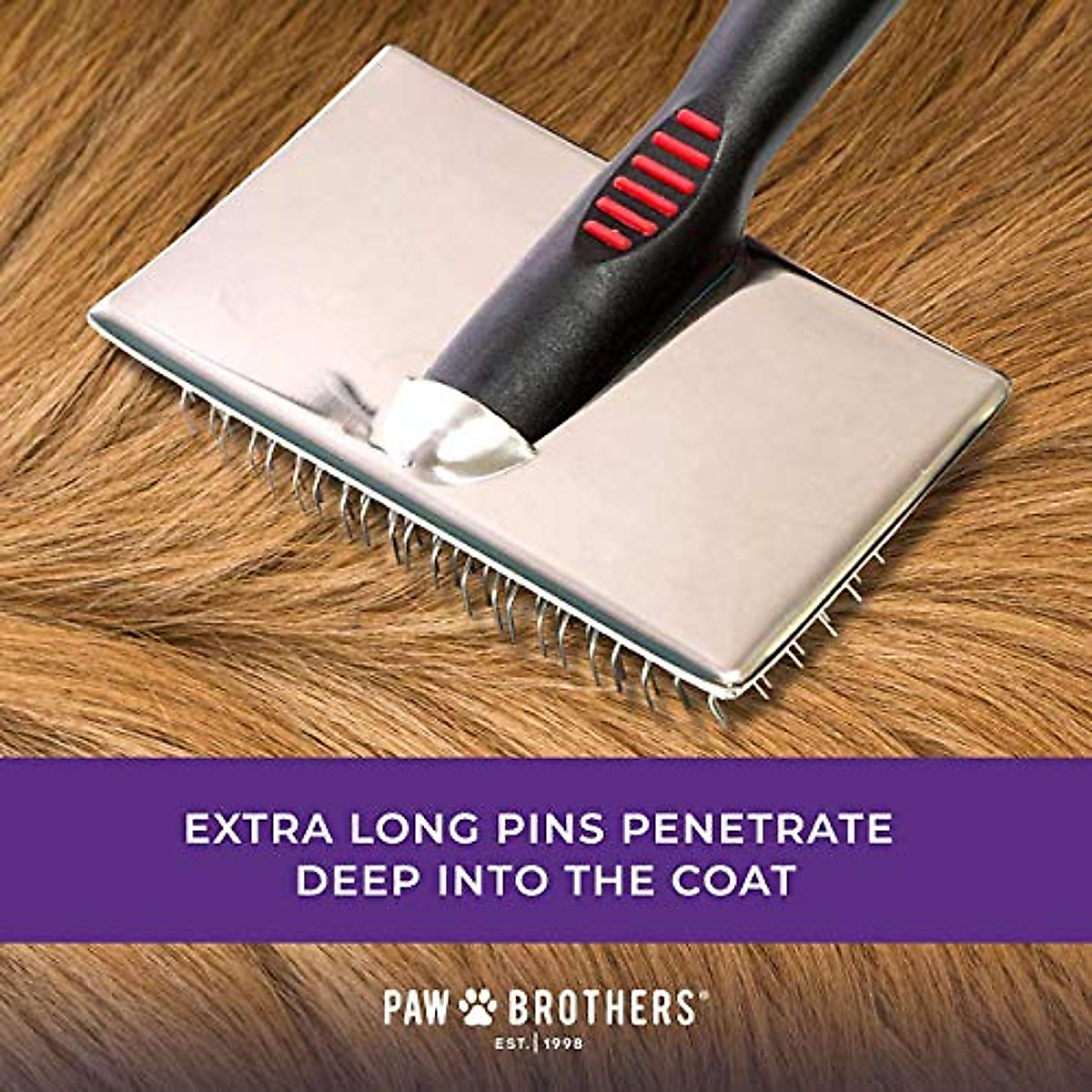 Paw Brothers Extra Long Pin Flat Slicker Brush for Dogs, Professional Grade, Removes Loose Fur and Tangles, Ergonomic Handle, Large