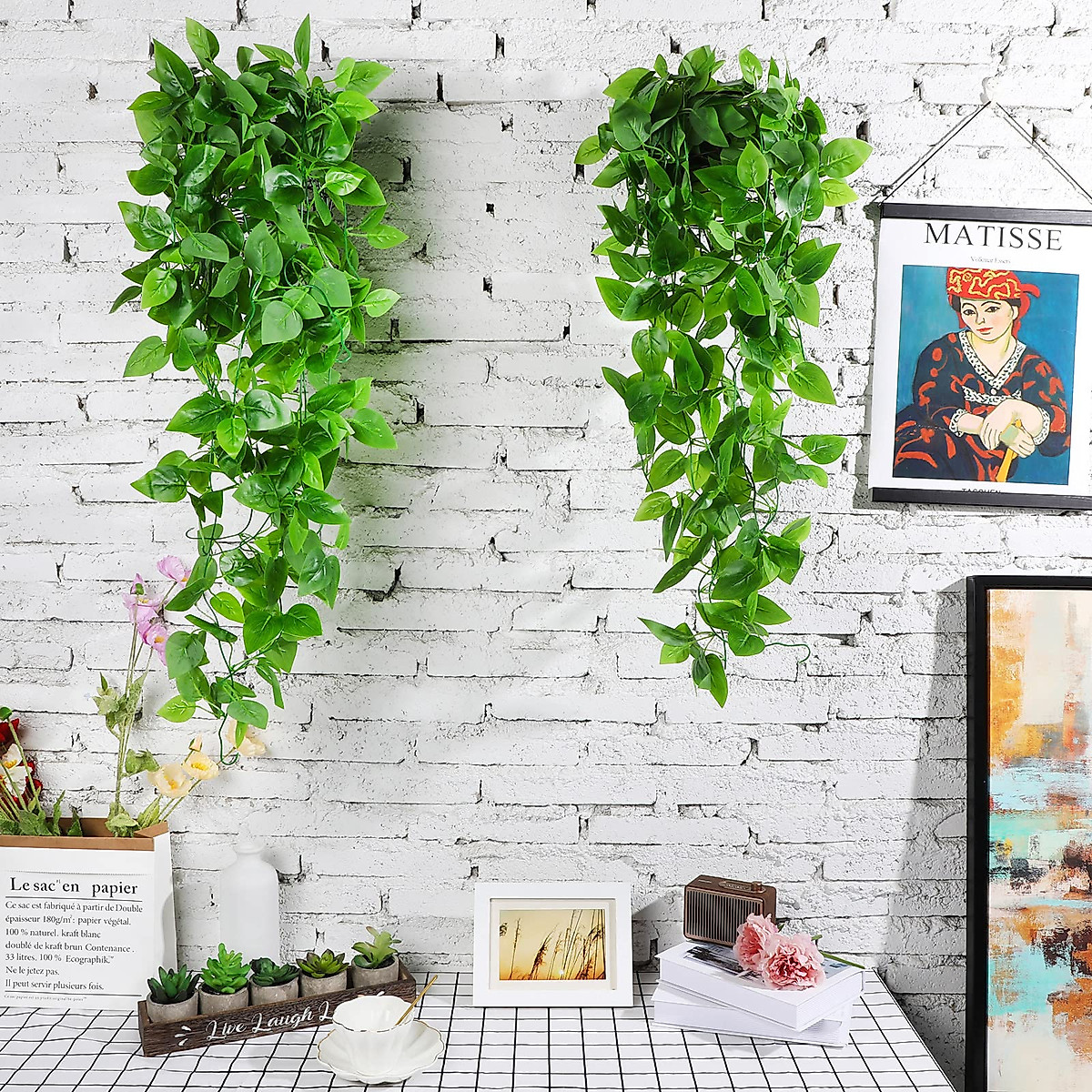 4 Pieces Artificial Ivy Green Vine Fake Ivy Leaves Hanging Decor Fake Vine Leaves Garland Artificial Hanging Plants Leaf Plant Garland Realistic Hanging Plants Decor for Home Garden Decor, 3.6 Feet