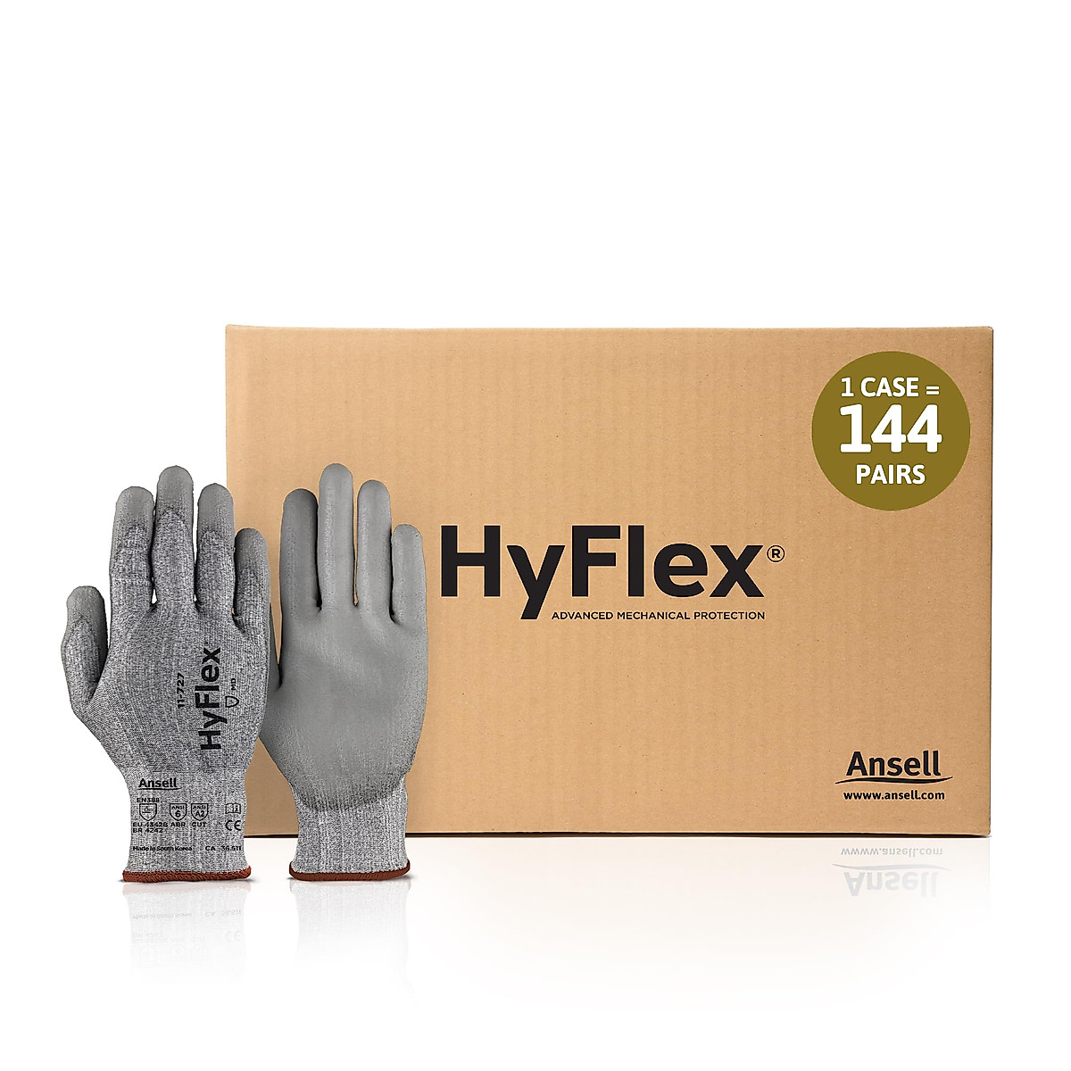 Ansell HyFlex 11-727 Ultralight Cut-Resistant Industrial Gloves w/Reinforced Palm for Machinery, Auto, Warehousing - Large, Grey (144 Pairs)