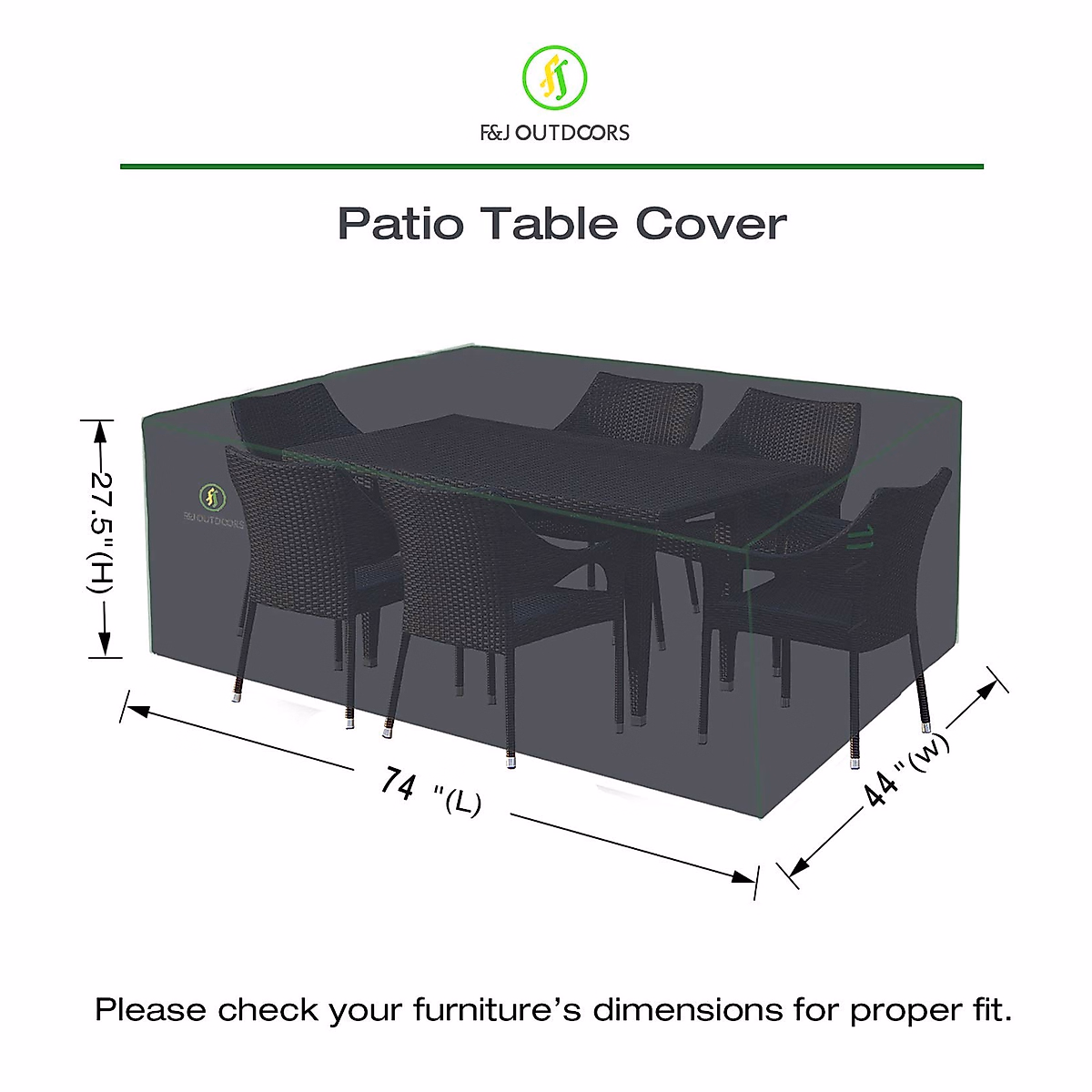 F&J Outdoors Outdoor Table Covers Waterproof UV-Resistant Snow Protection Patio Furniture Cover for Rectangular/Oval Dining Tables, 74 x 44 x 27.5 inches, Grey