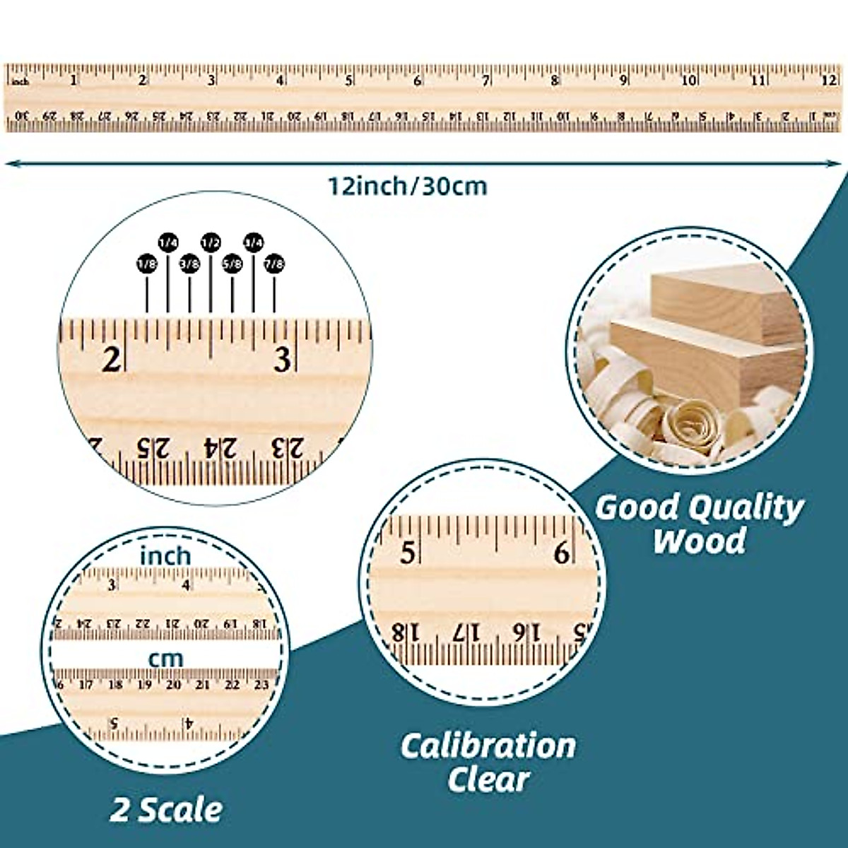 LovesTown 60 Pack Wooden Rulers, 12 Inch Ruler Bulk 2 Scale Measuring Rulers for Kids Students Office School Supplies Classroom