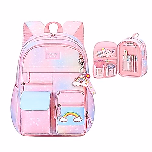 ETAISHOW Heart-Print Kawaii Girls Backpack for Elementary School Kids Bookbag with Compartments Cute Student Backpack for Girls
