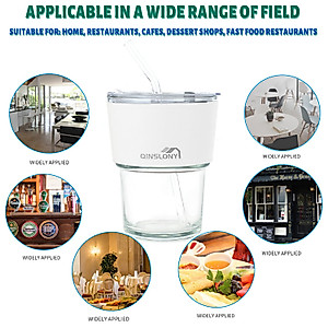 QINSLONY Iced Coffee Cup, 13oz Glass Tumbler with Lid and Glass Straw, Thick Wall Water Cup, Reusable Coffee Tumbler Sealed Carry on, Glass Coffee Mug with Leather Sleeve