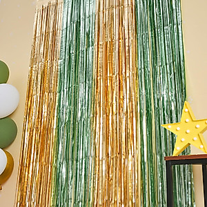 LOLStar Sage Green and Gold Party Decorations 2Pack 3.3X6.6ft Foil Fringe Curtains,Safari Green Baby Shower Decor also Perfect for Christmas Wedding Party,Princess Themed woodland Birthday Decorations