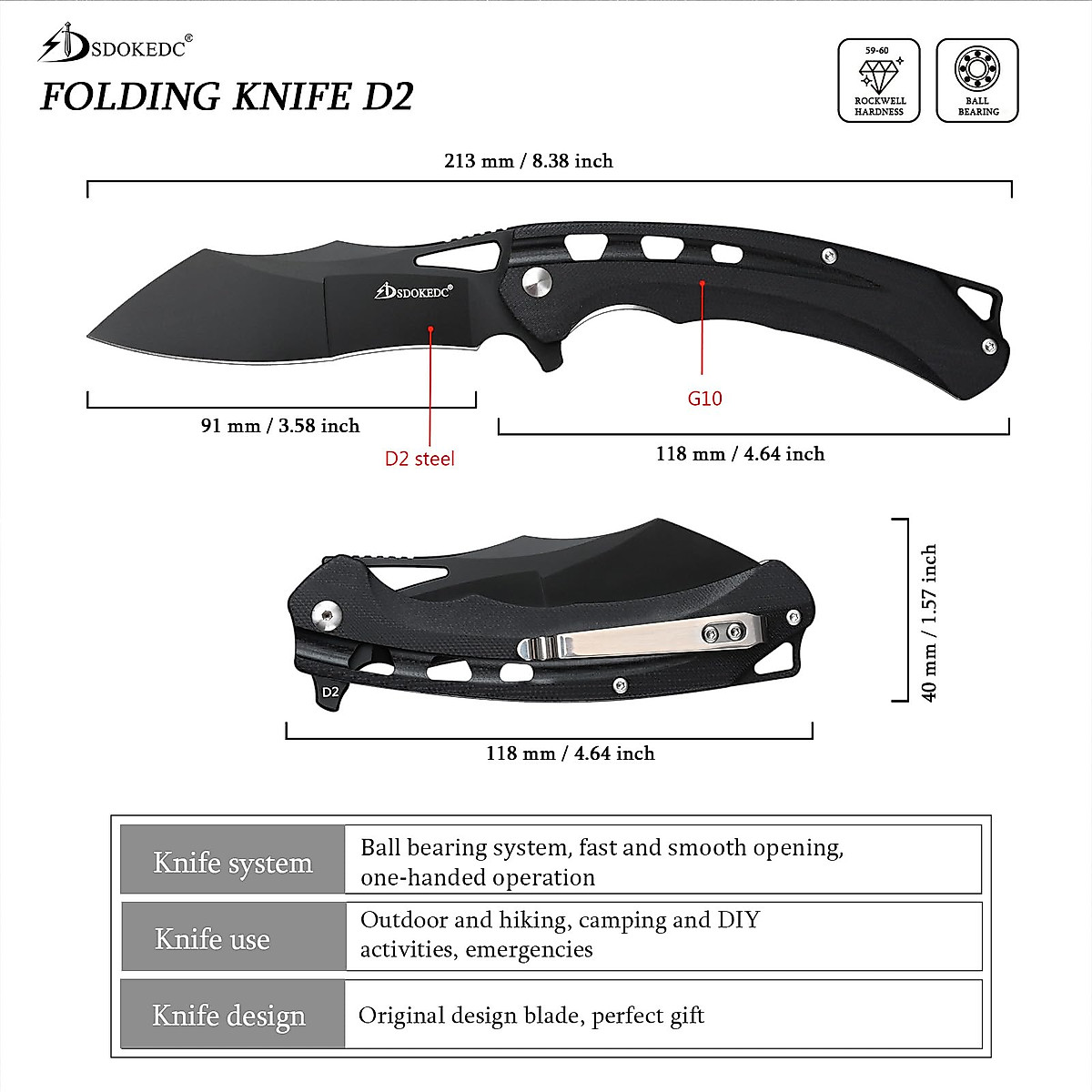 SDOKEDC Knives D2 Steel Ball Bearing Folding Knife for Men G10 Handle EDC Tactical Pocket Knife for Outdoor Survival Hunting