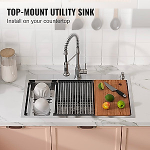 VEVOR Kitchen Sink, 304 Stainless Steel Drop-In Sinks, Top Mount Single Bowl Basin with Ledge and Accessories, Household Dishwasher Sinks for Workstation, RV, Prep Kitchen, and Bar Sink, 33 inch