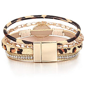 FANCY SHINY Leather Wrap Bracelet Boho Cuff Bracelets Crystal Bead Bracelet with Clasp Jewelry Gift for Women Teen Girls(7.7", Tan Leopard)